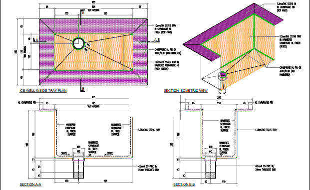 Stainless Steel Ice Well For Bar Hammered Champagne Finish